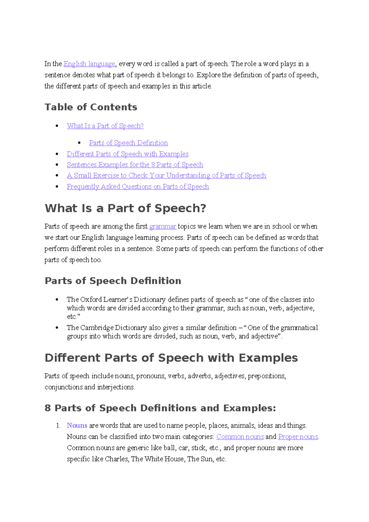 Parts of Speech Notes: Definitions & Examples of 8 Types - Studocu