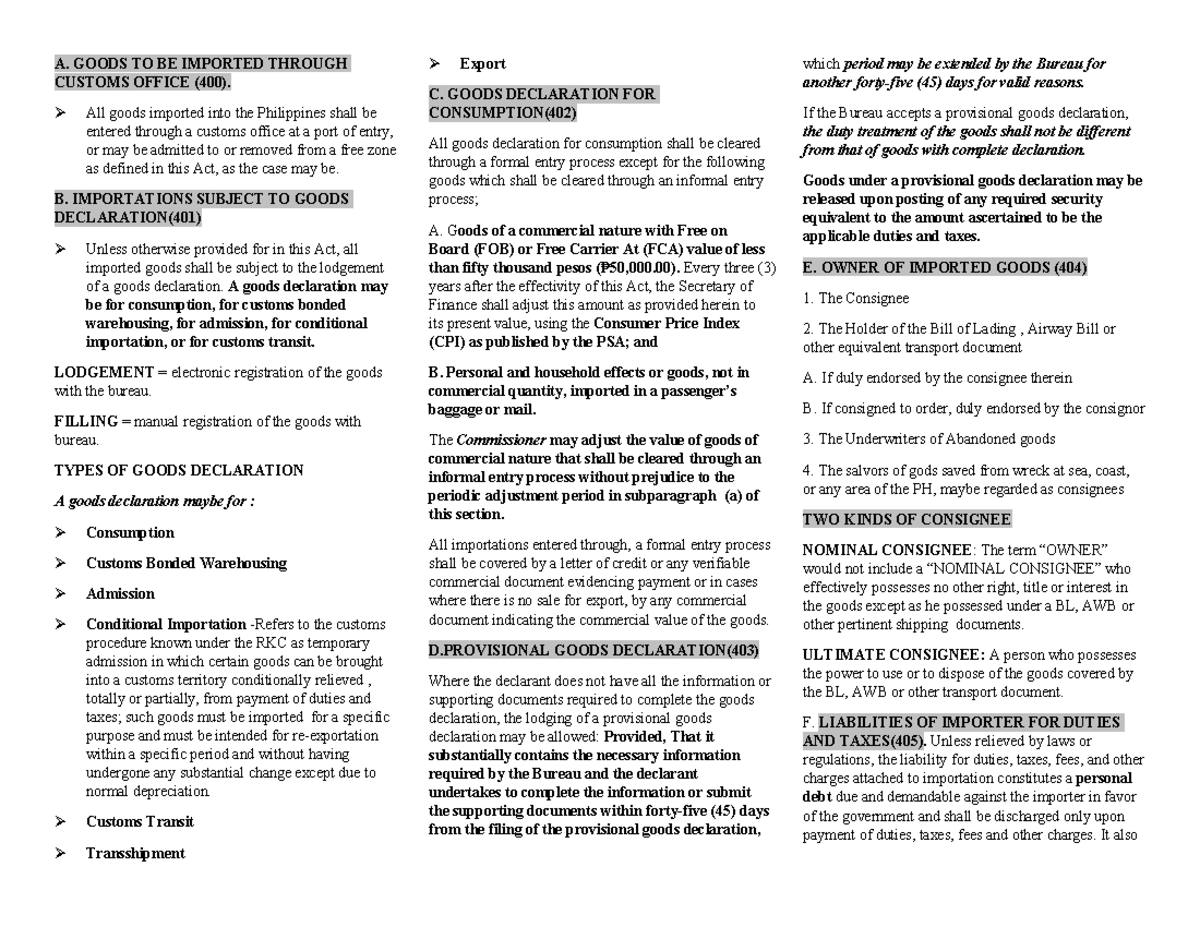 CM- Importation & Goods Declaration Reviewer - HXFCVNB - Studocu