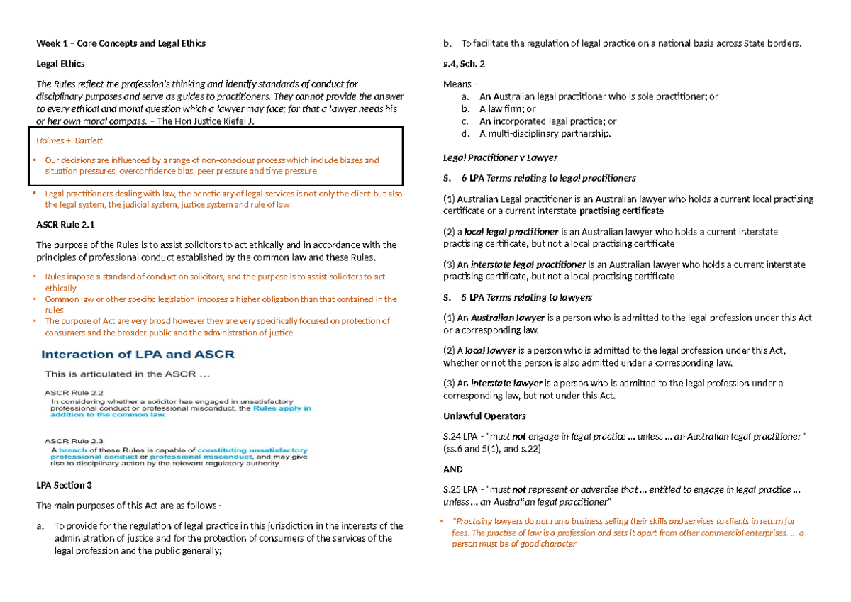 Week 1-8 Legal Ethics & Core Concepts (LPA) Exam Content Notes - Studocu