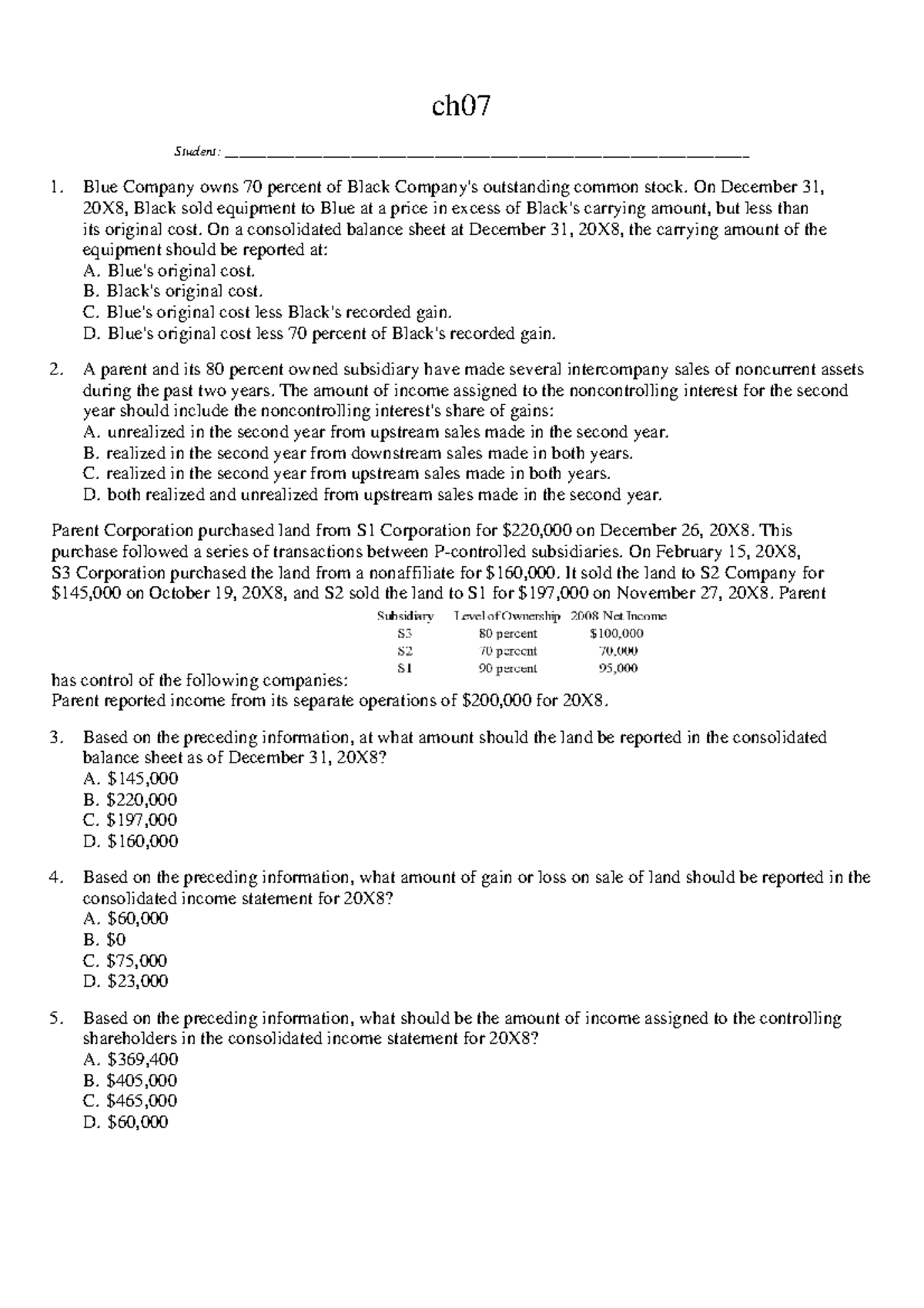 Chapter 7 - Test Bank - Consolidated Financial Statements Analysis ...