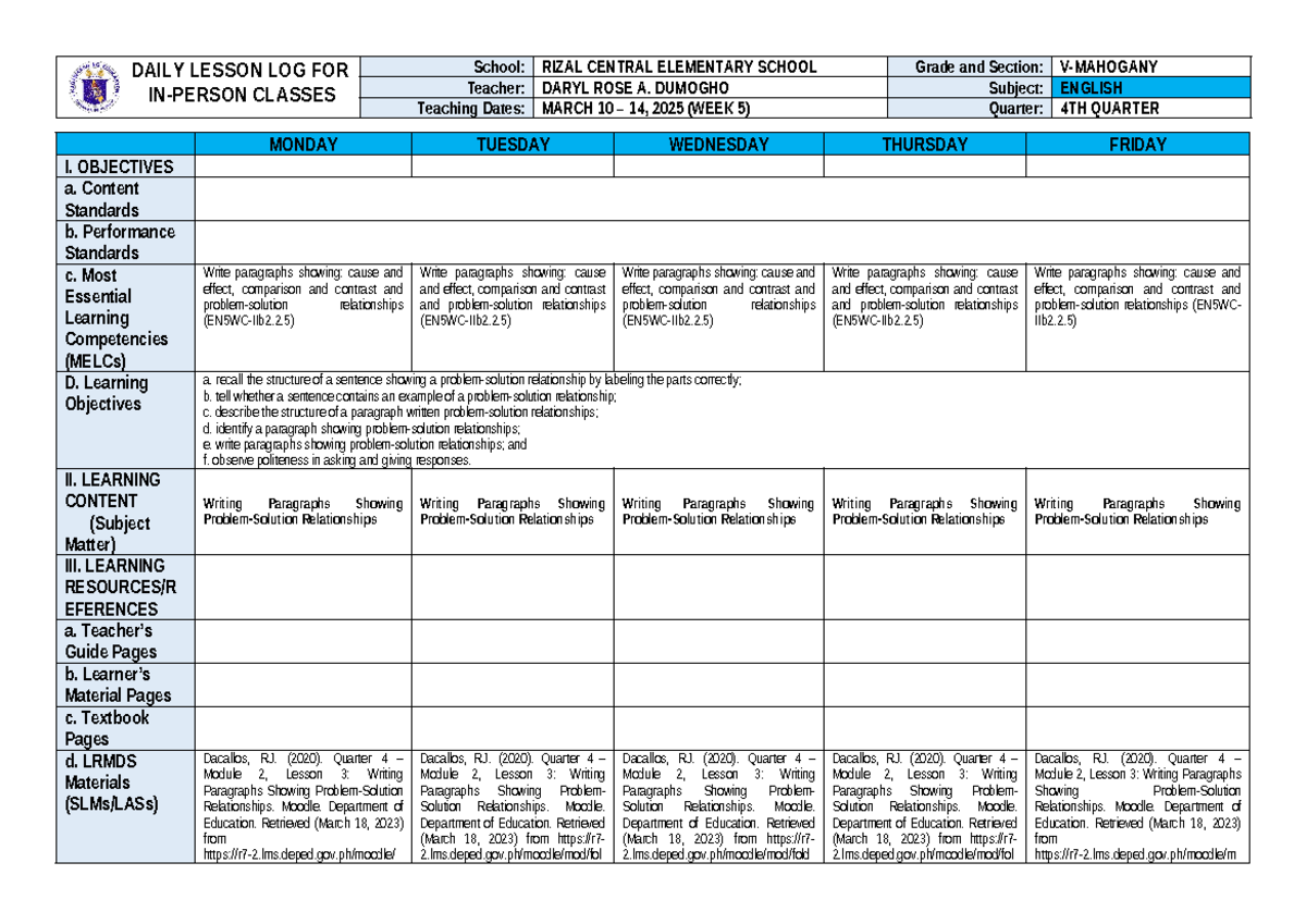G5 Q4W5 DLL English Lesson Plan: Writing Problem-Solution Paragraphs ...