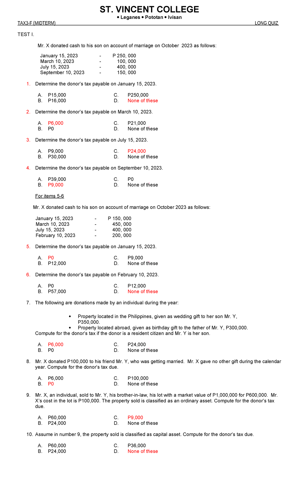 TAX3 BSA3 F MIDTERM LONG QUIZ on Donor’s Tax Computations - Studocu