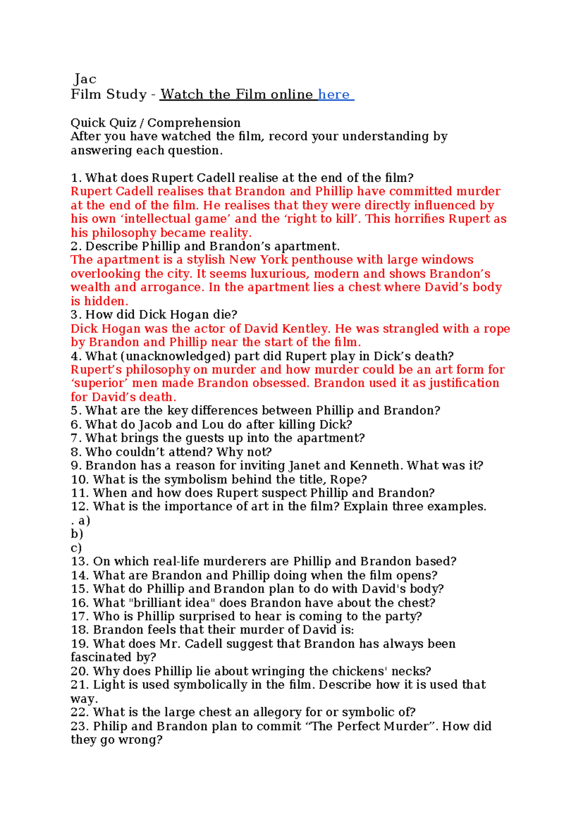 HEA 101: Film Study - "Rope" Quick Quiz Comprehension Guide - Studocu
