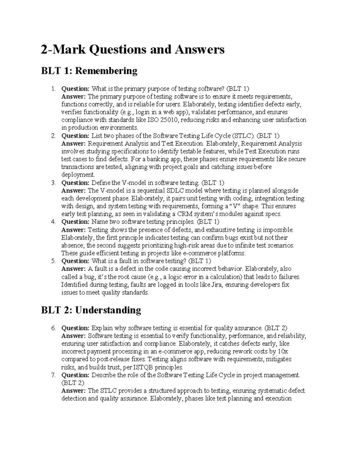 Questions and Answers BLT 1: Software Testing Fundamentals - Studocu