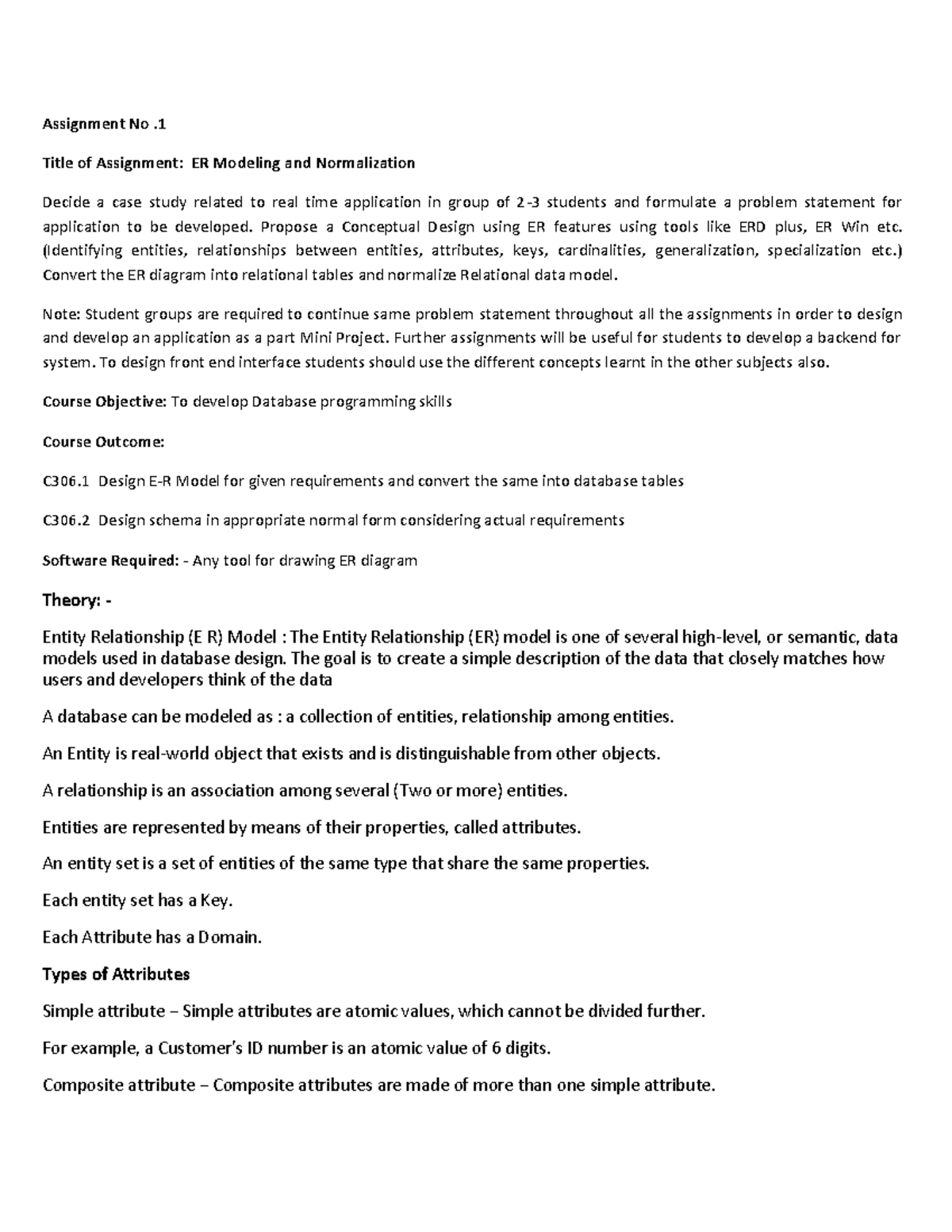 Assignment 1 - DBMS Lab: ER Modeling & Normalization Techniques - Studocu
