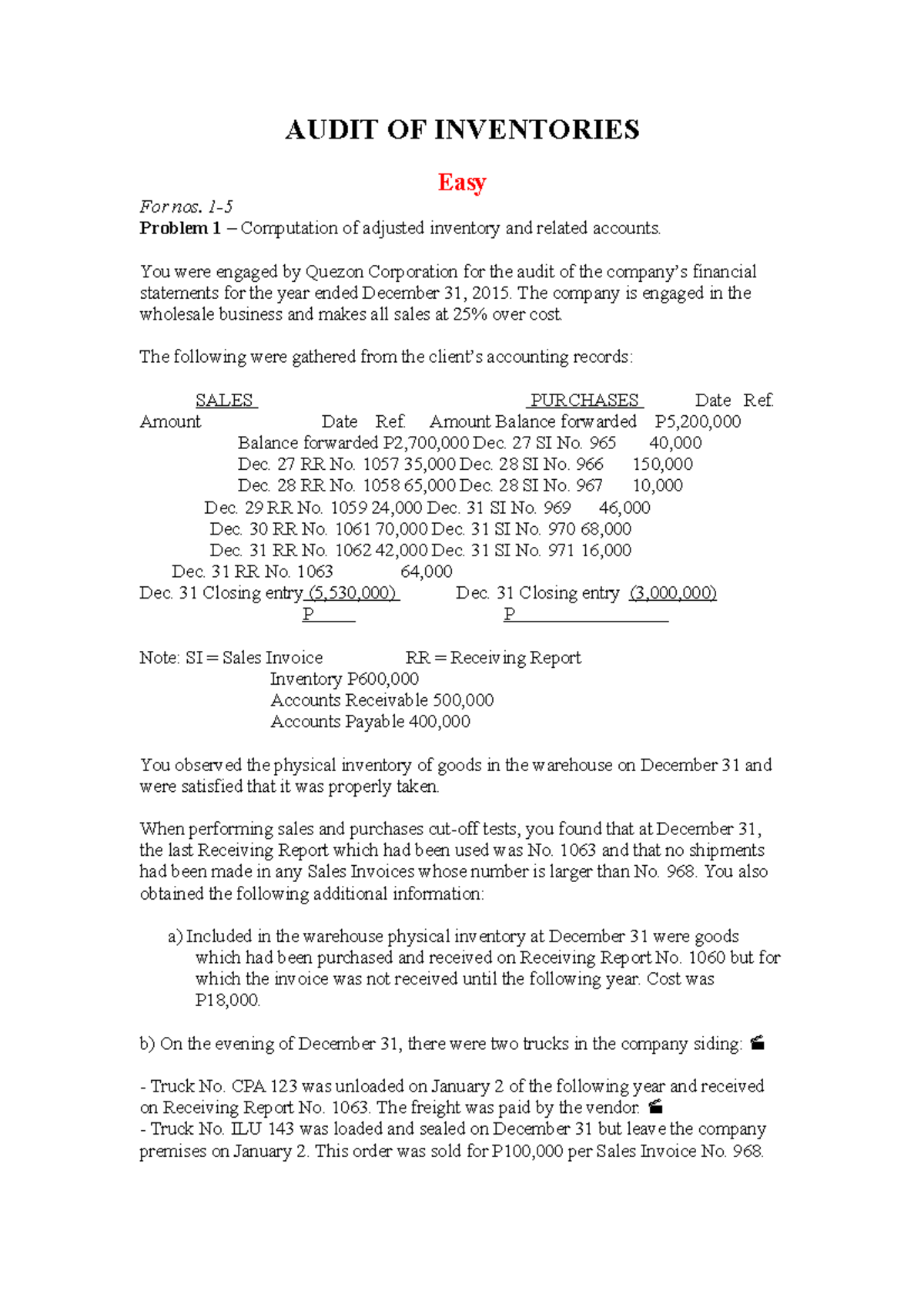 Audit OF Inventories - AUDIT OF INVENTORIES Easy For nos. 1- Problem 1 ...