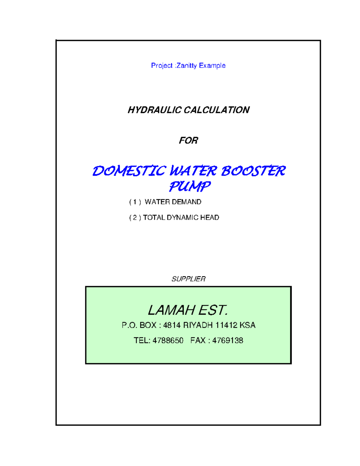 Domestic Water Booster Pump Calculations - Project :Zanitty Example ...