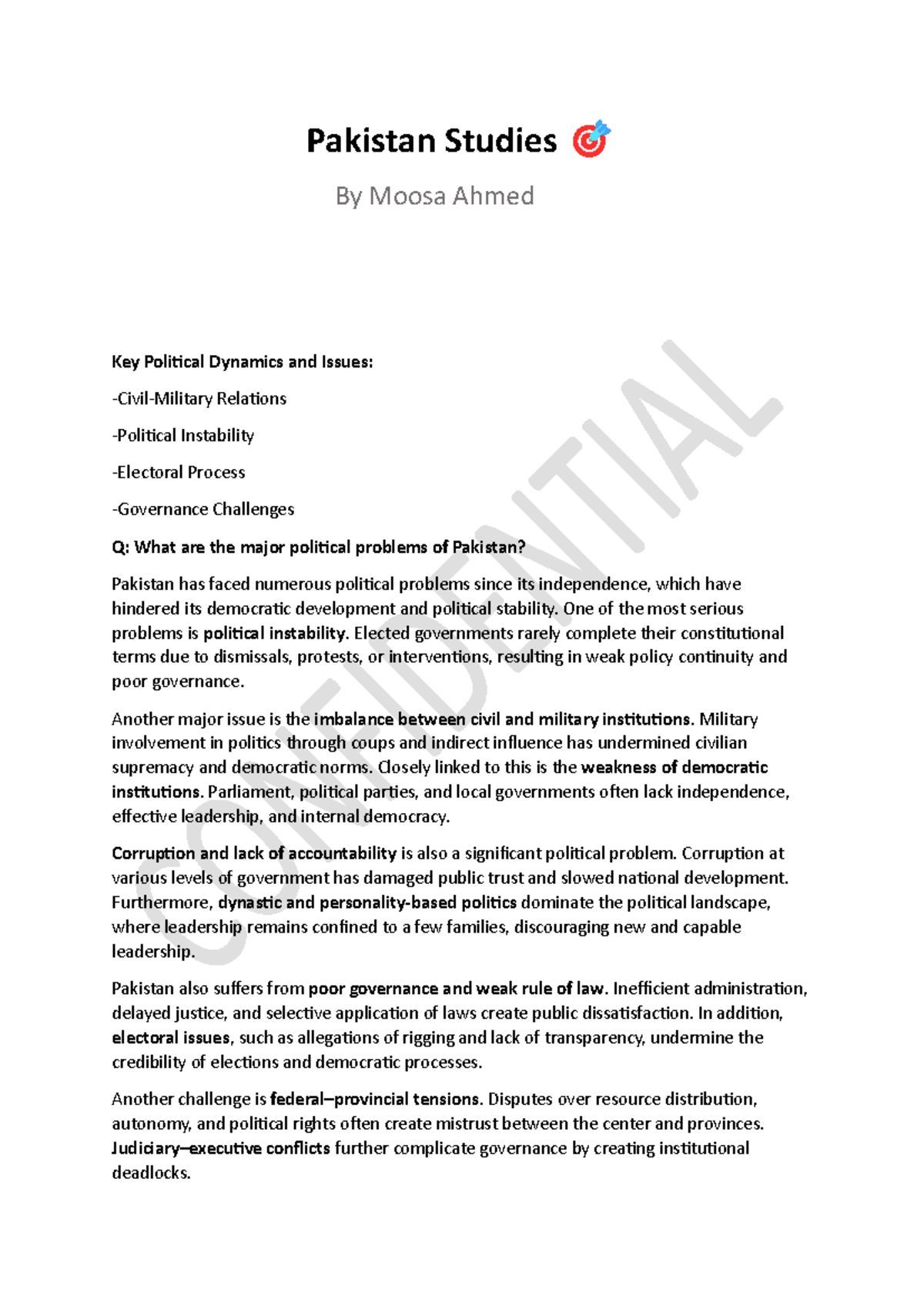 Pakistan Studies (PS 101) Key Political and Economic Issues Overview ...