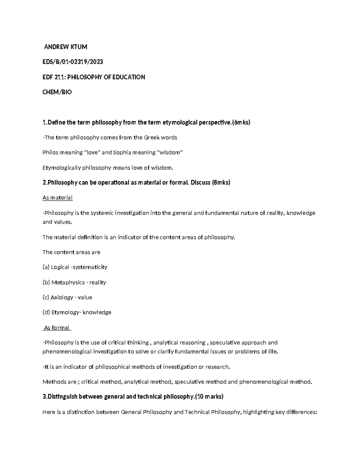 EDF 211: Philosophy of Education - CAT 1 Practice Material - Studocu