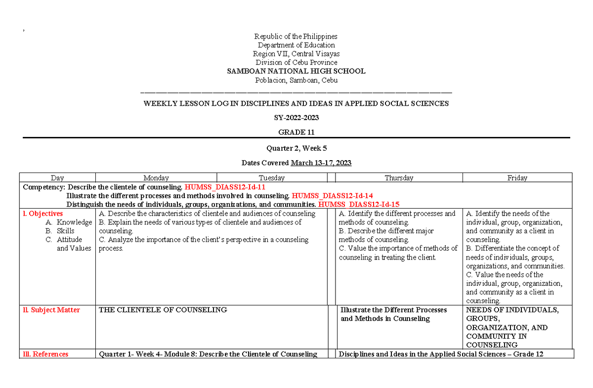 Weekly Lesson Log: Disciplines & Ideas in Applied Social Sciences G11 ...