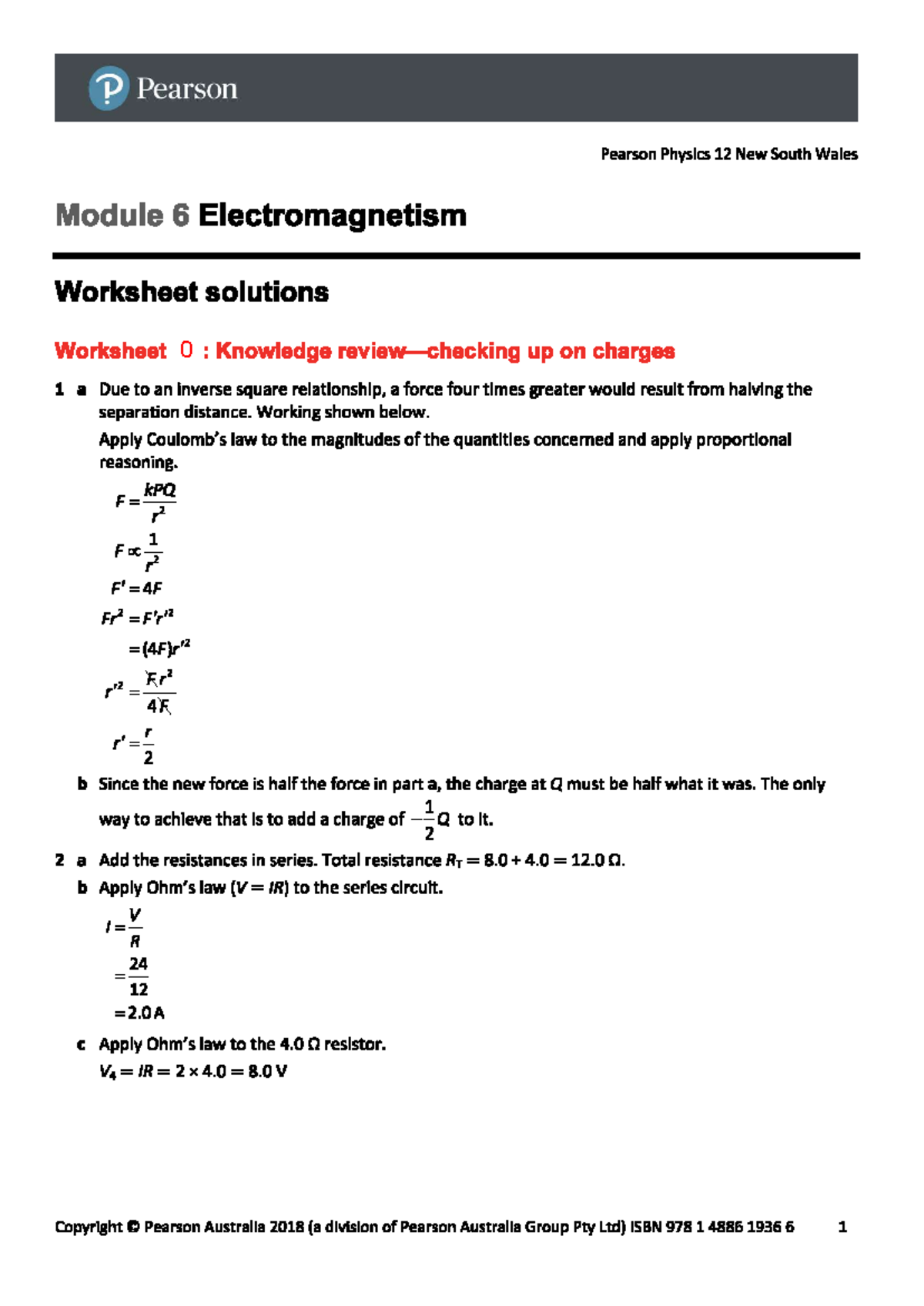 Pearson Physics 12 NSW Module 6 Electromagnetism Worksheet Solutions ...