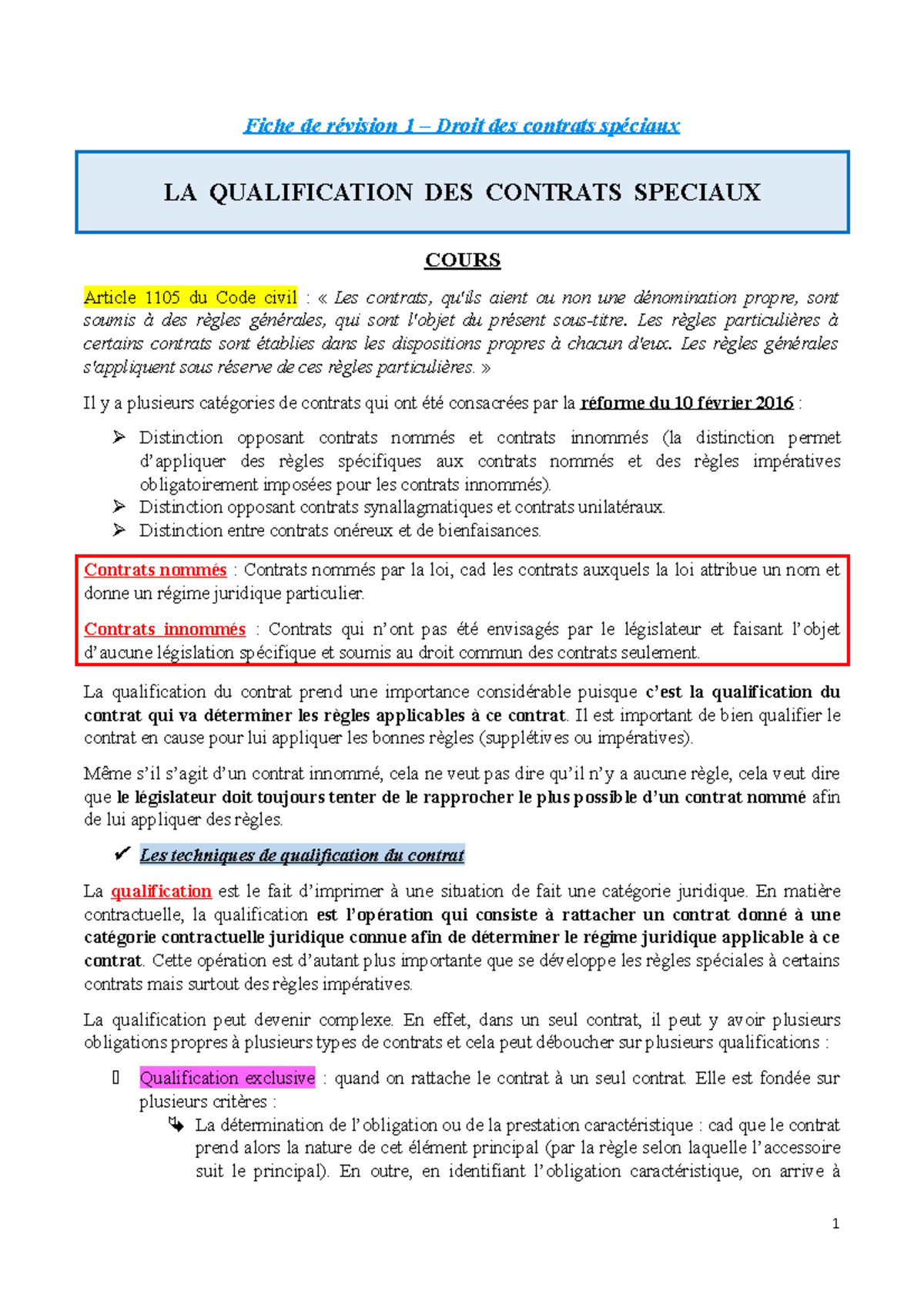 Fiche 1 - Révision des Contrats Spéciaux en Droit (DCS 2023) - Studocu