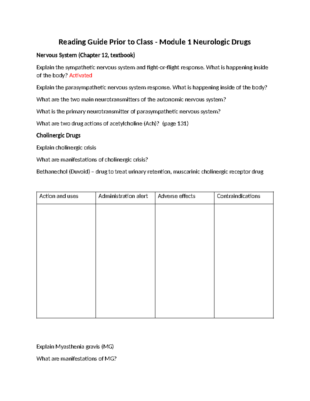 Reading Guide for Module 1 NUR 354: Neurologic Drugs Overview - Studocu
