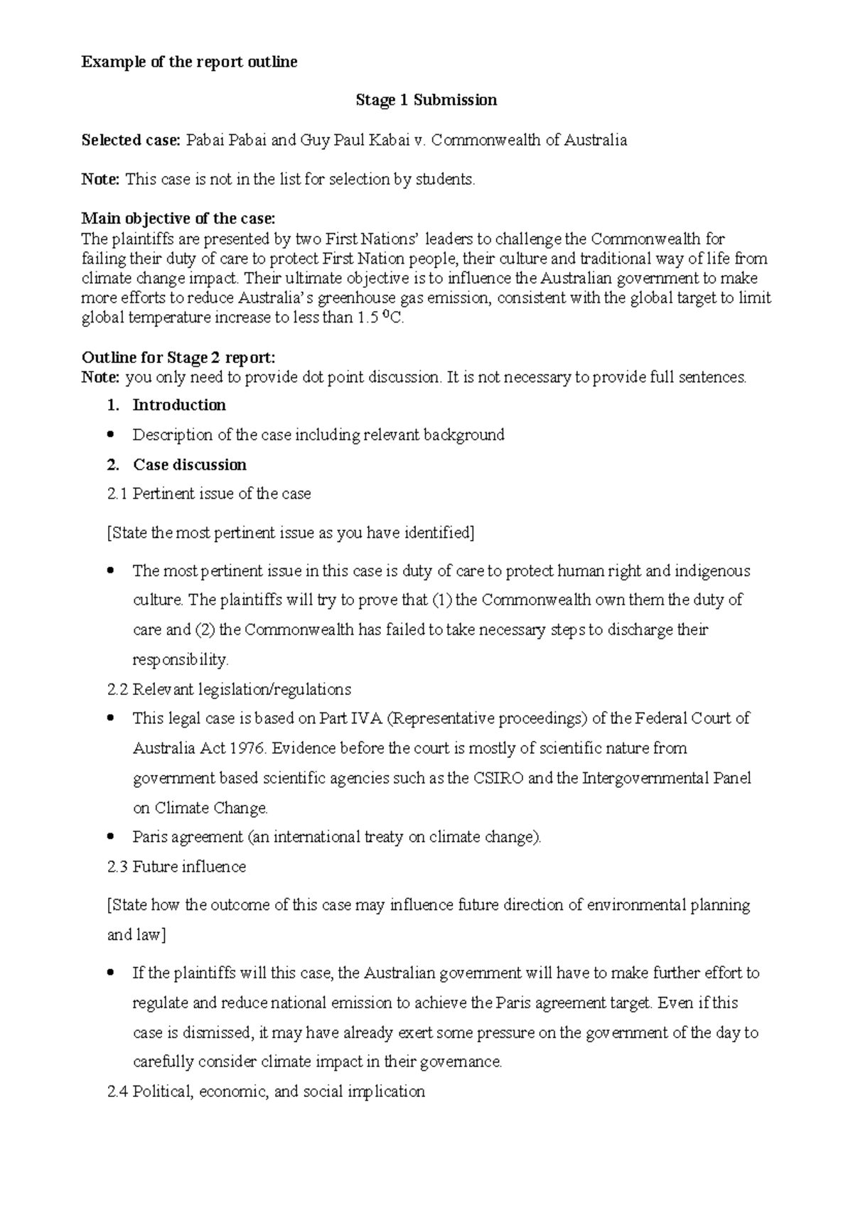 Outline example 2025 - Example of the report outline Stage 1 Submission ...