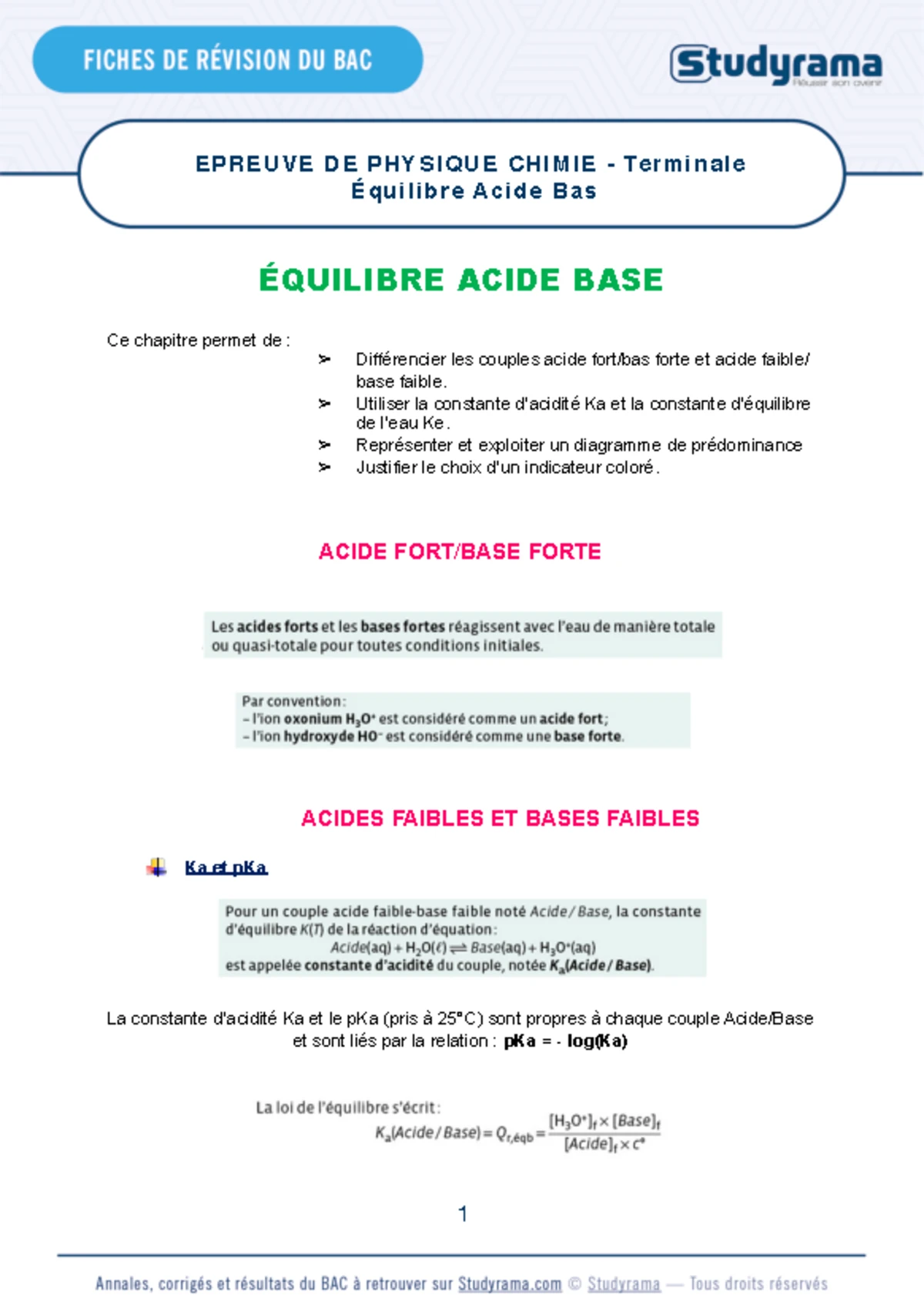 Fiche de Révision Physique-Chimie Terminale Bac 2021 : Acide, Base, pH ...