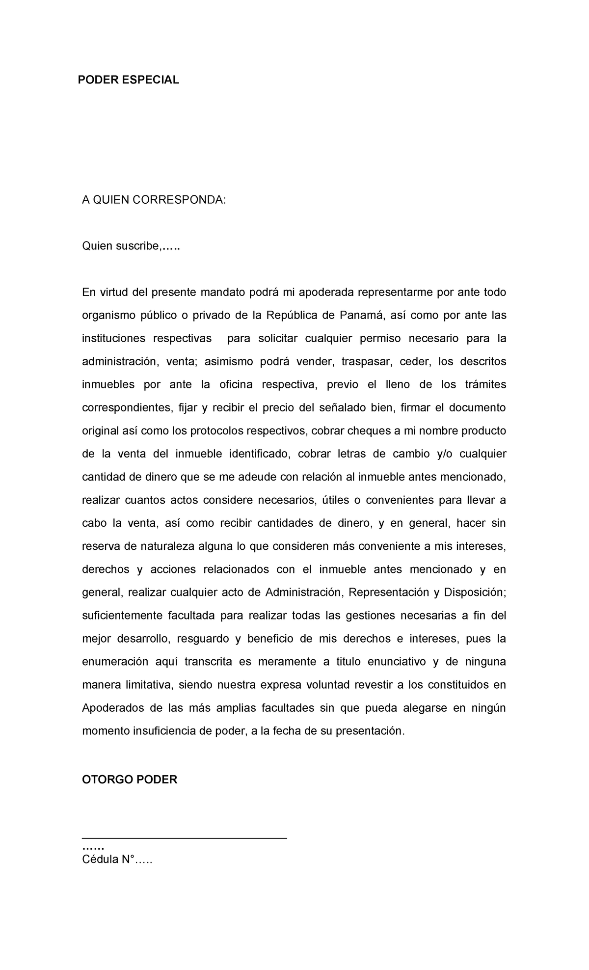 Poder Especial: Mandato de Representación en Panamá - Studocu