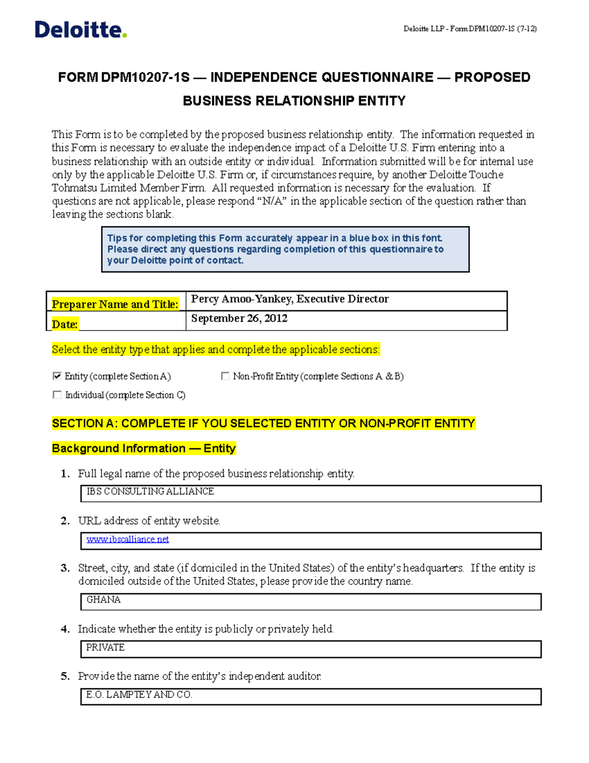 Deloitte Independence Questionnaire DPM10207-1S - Completed Form - Studocu