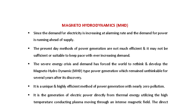 Magneto Hydrodynamics (MHD) Power Generation: Principles & Applications ...