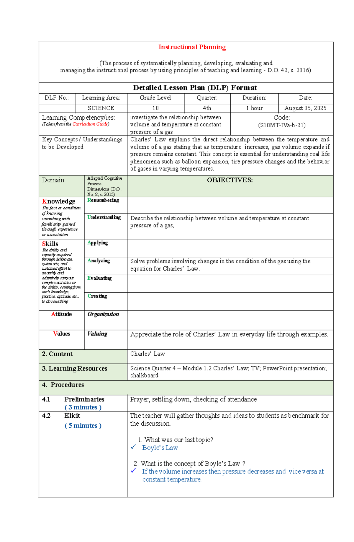 Charles Law Lesson Plan (Science DLP No. 10, 4th Quarter) - Studocu