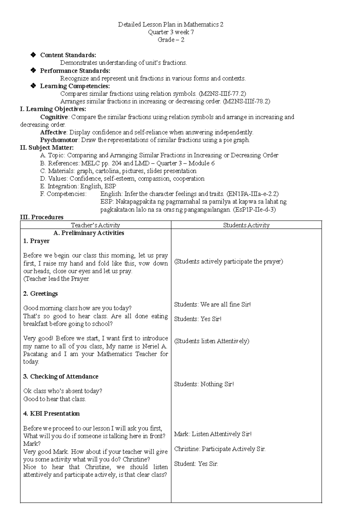 Detailed Lesson Plan: Comparing & Arranging Similar Fractions (Math 2 ...