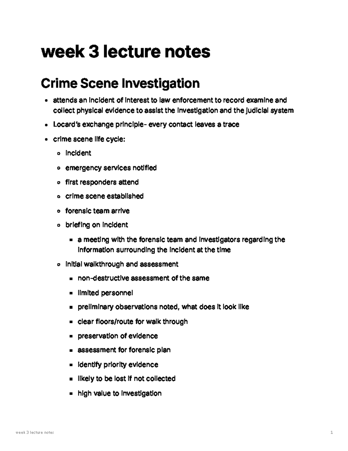 Week 3 Lecture Notes: Crime Scene Investigation Overview - Studocu