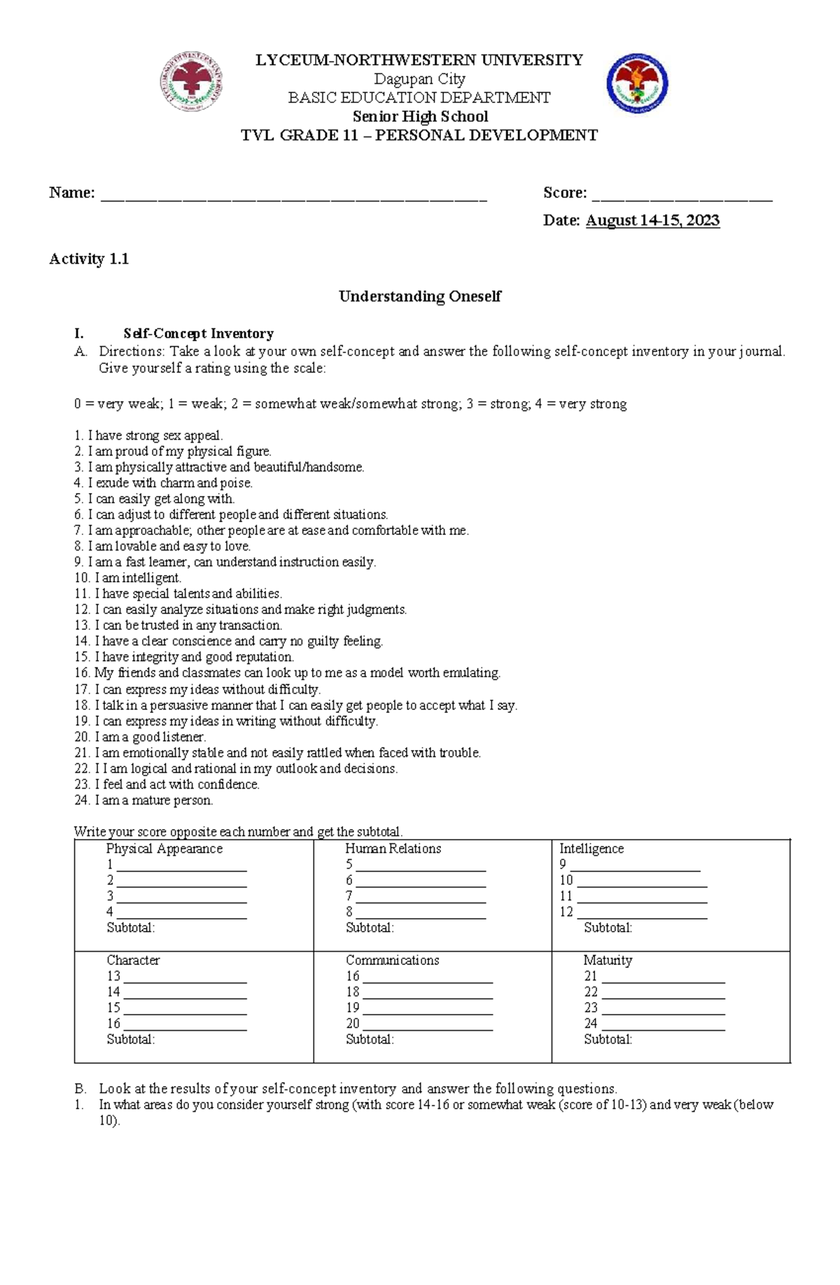 TVL GRADE 11 PERSONAL DEVELOPMENT: Lesson 1 Activity on Self ...