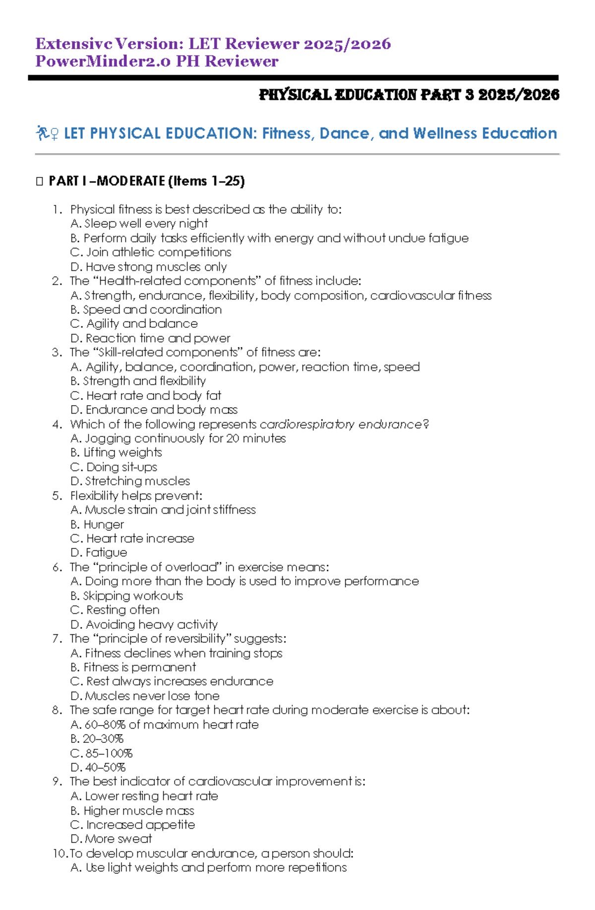 LET Reviewer PowerMinder 2.0: Physical Education Part 3 Insights - Studocu