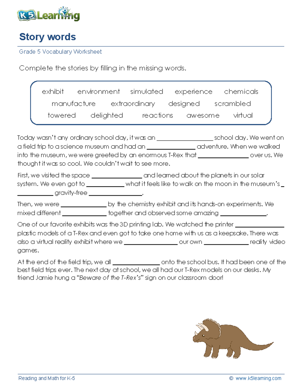 Grade 5 Vocabulary Worksheet: Story Completion Activity - Studocu