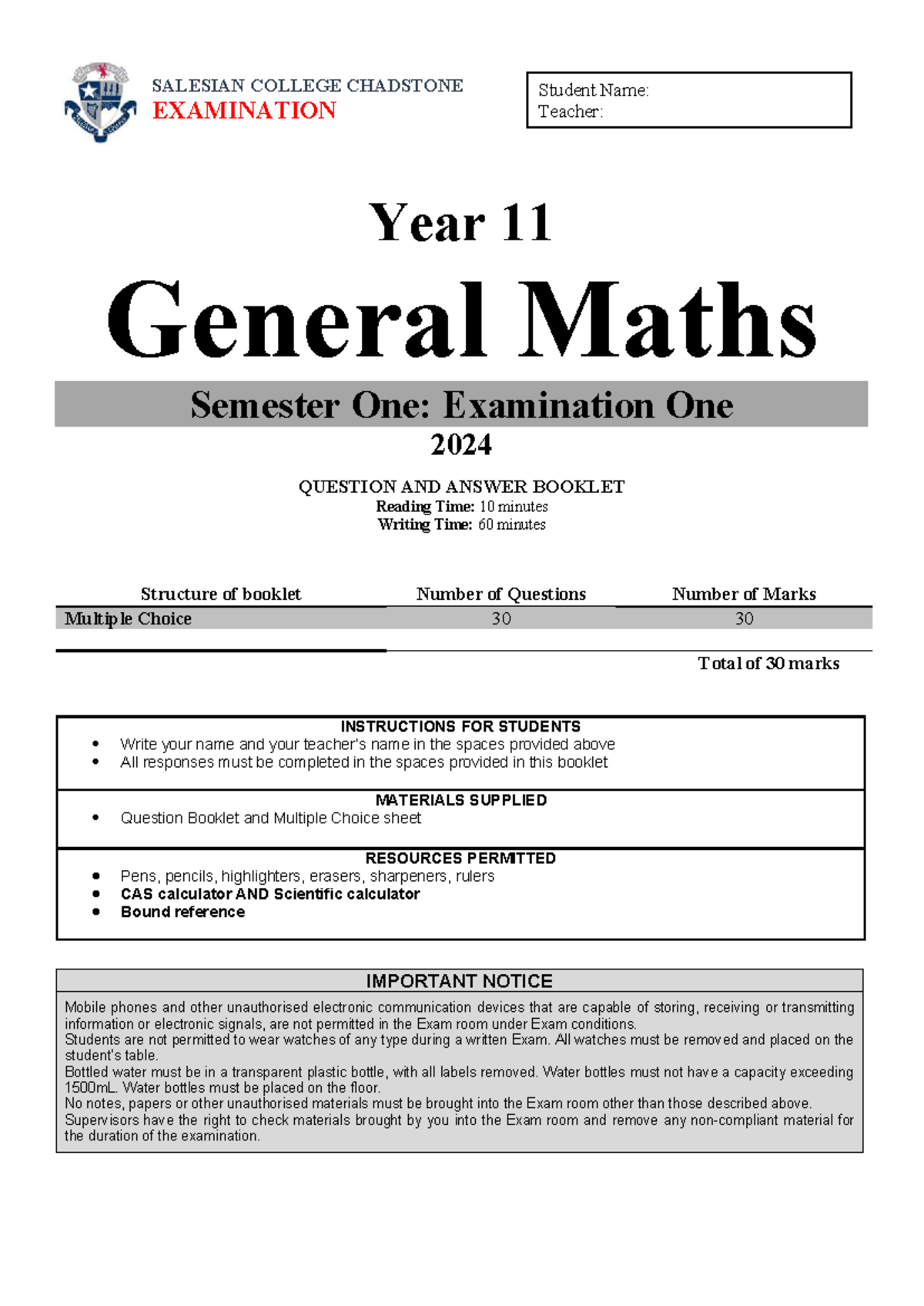 SALESIAN COLLEGE CHADSTONE Y11 GENERAL MATHS SEM 1 EXAM 1 2024 - Studocu
