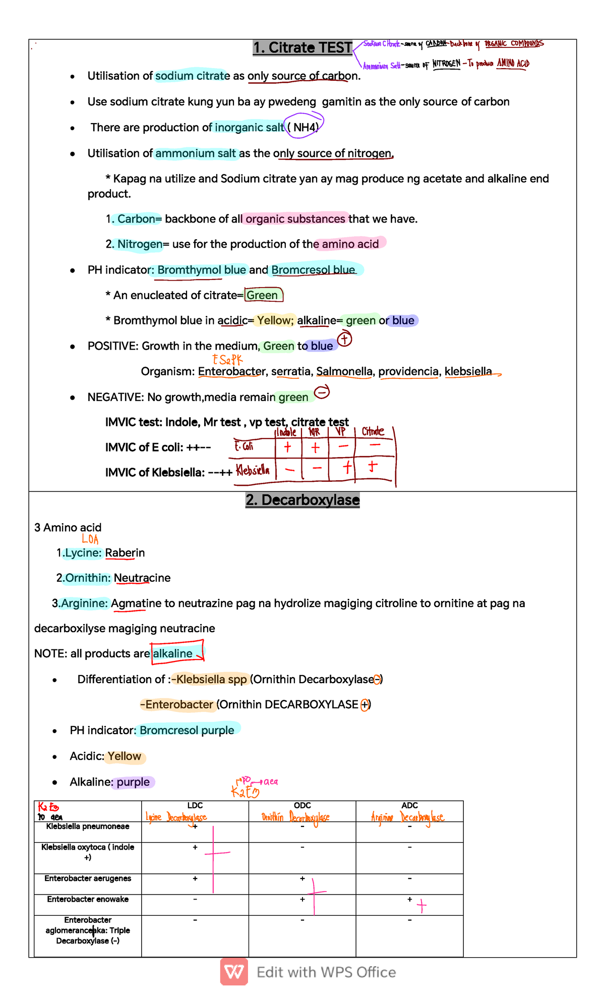 Part 1( Final Bacte) - . Notes - 1. Citrate TEST Utilisation of sodium ...