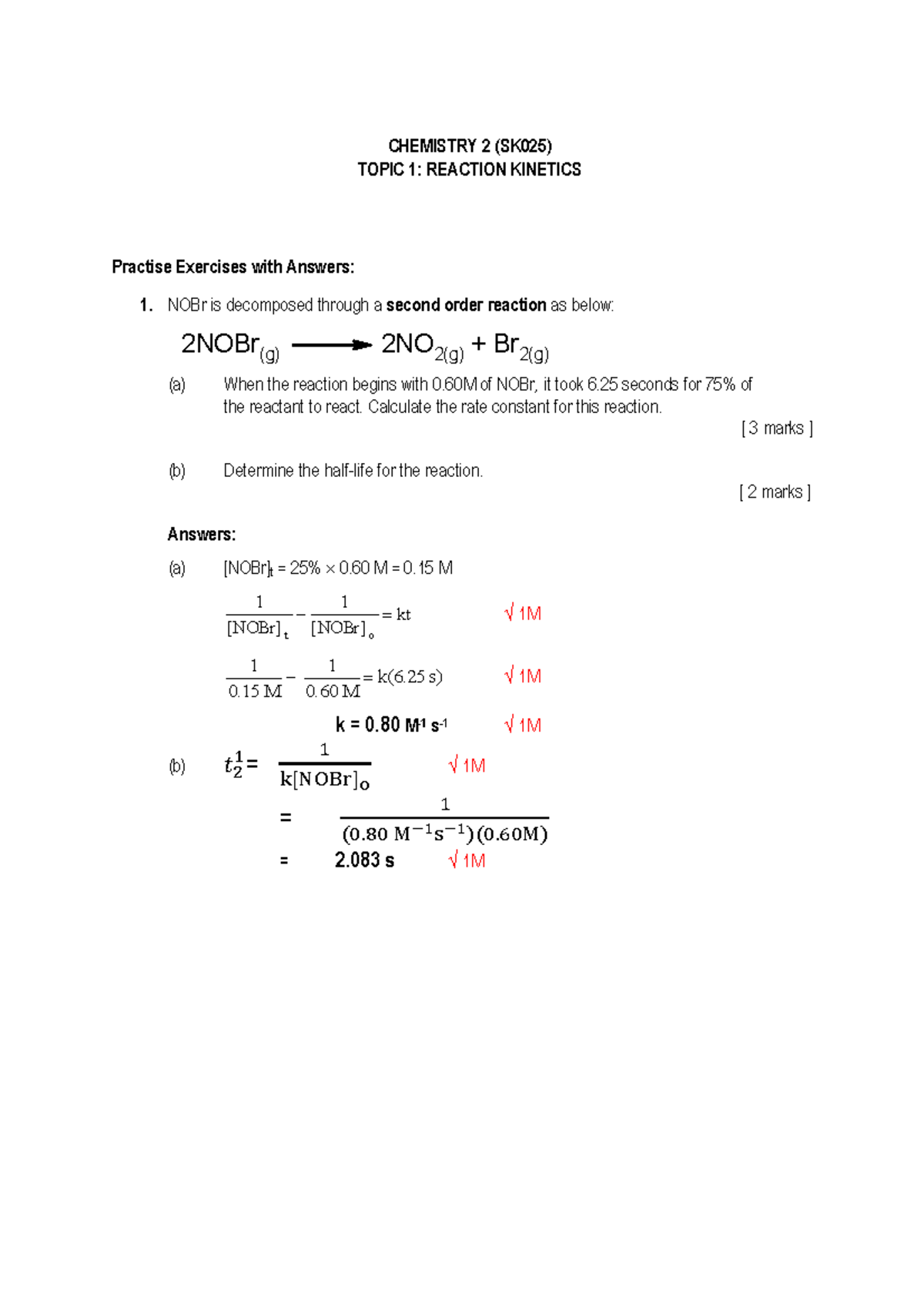 CHEMISTRY 2 (SK025) TOPIC 1: REACTION KINETICS Practice Exercises - Studocu