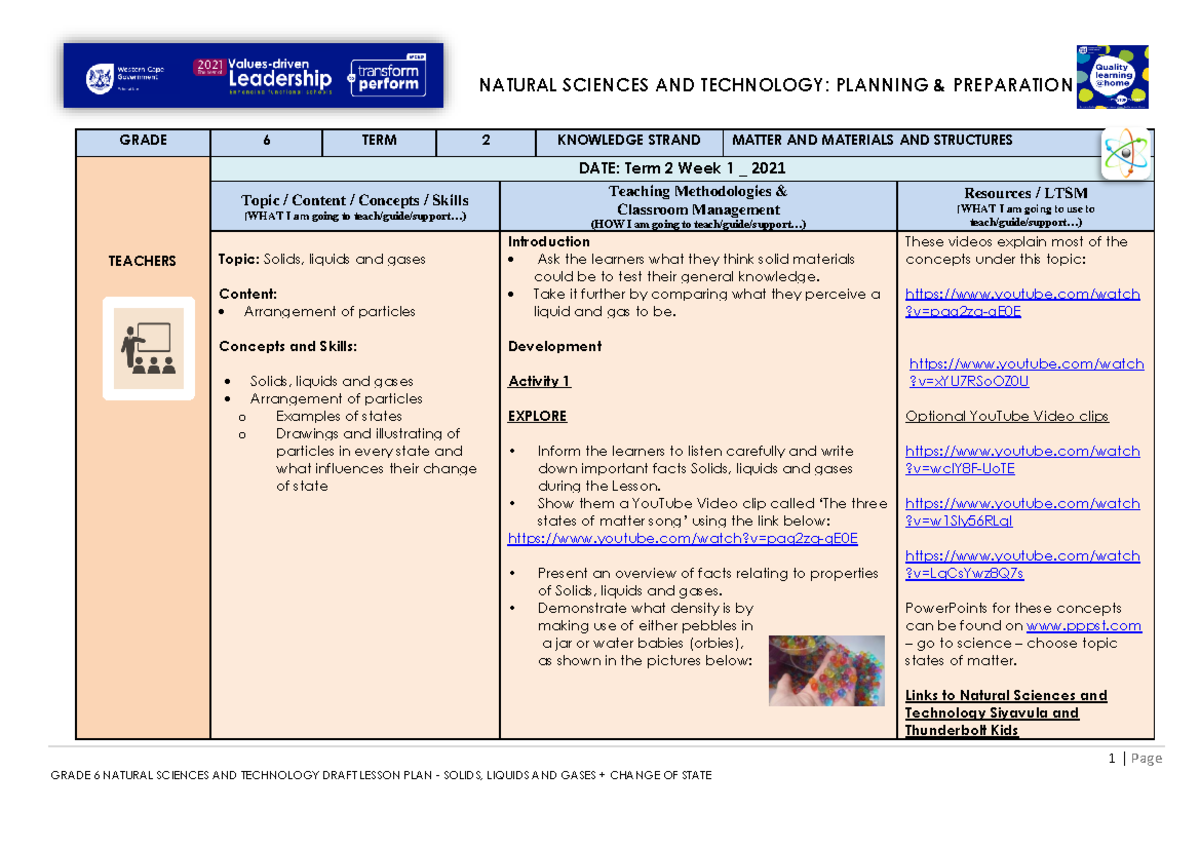 Grade 6 Natural Sciences & Tech Lesson Plan: Matter & Materials T2 W1 ...