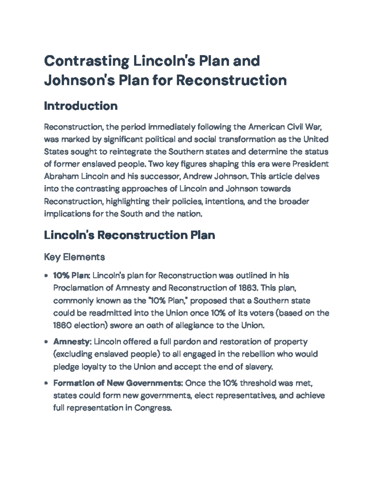 Comparative Analysis of Lincoln & Johnson's Reconstruction Plans - Studocu
