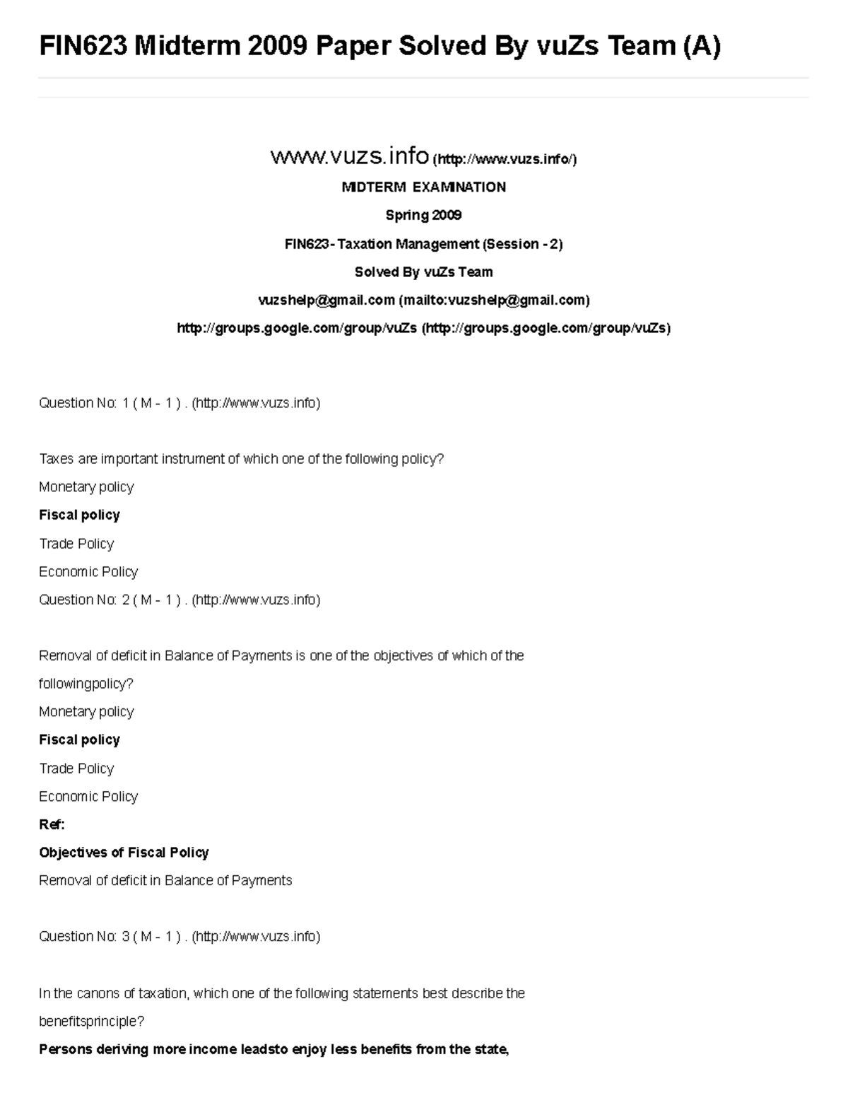 FIN623 Midterm Exam 2009 Taxation Management Solved Paper - Studocu