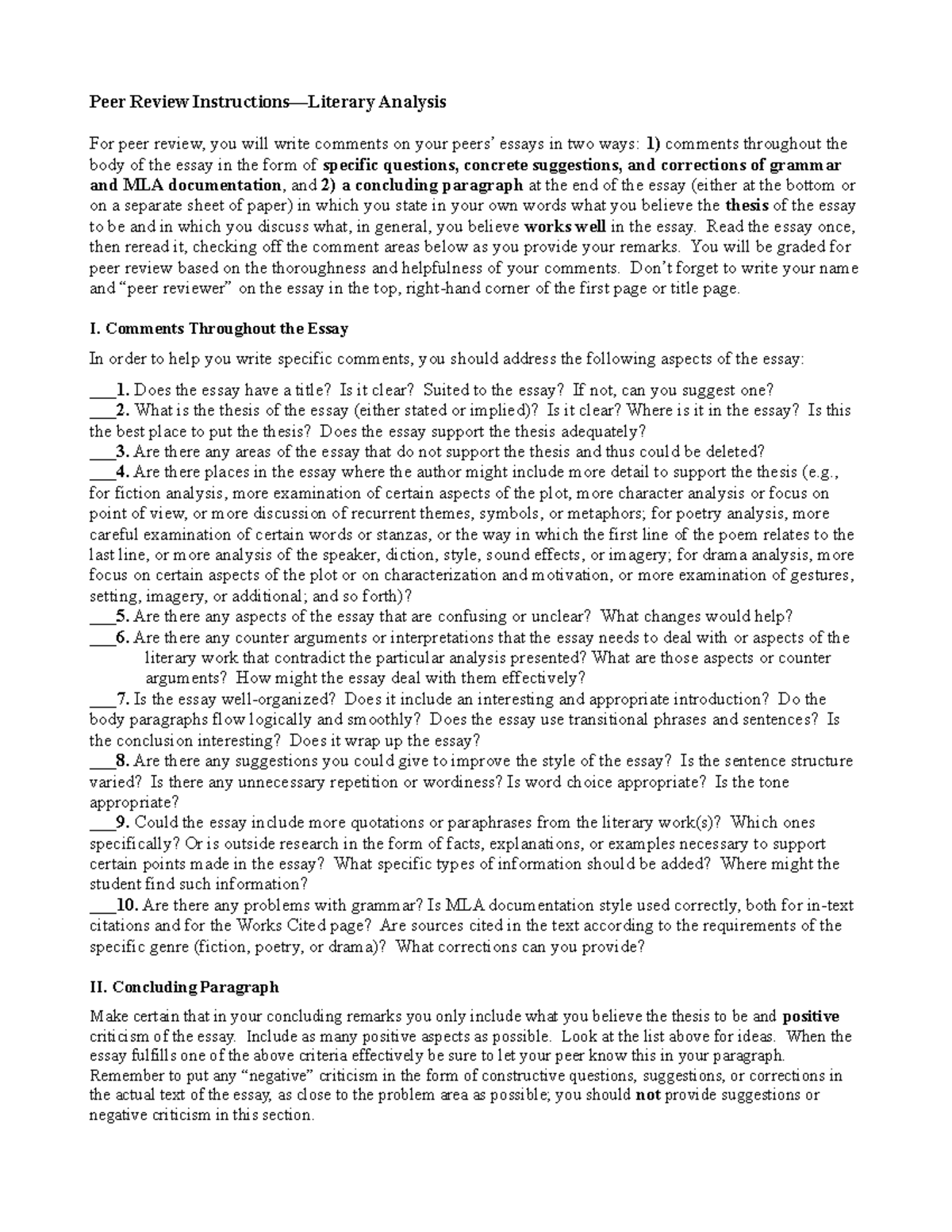 Peer review instructions literary analysis - Peer Review Instructions ...