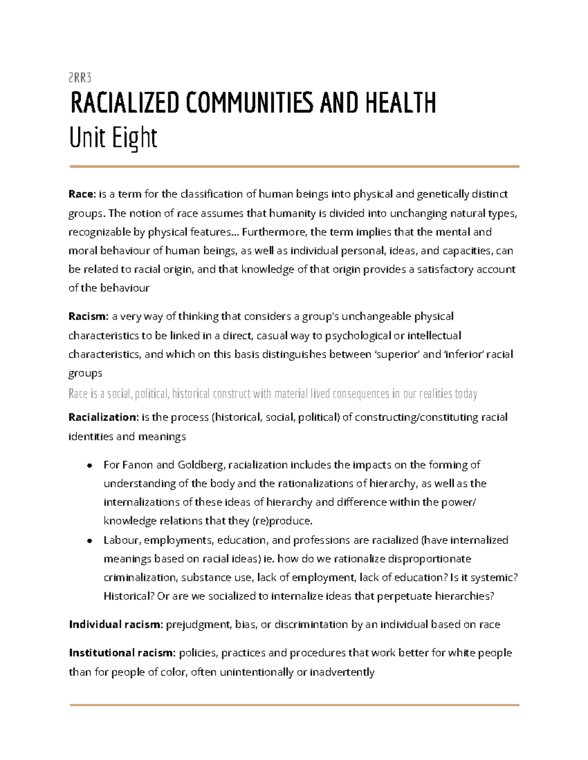 Lecture 8- Racialized Communities and Health - 2RR RACIALIZED COMMUNITI ...