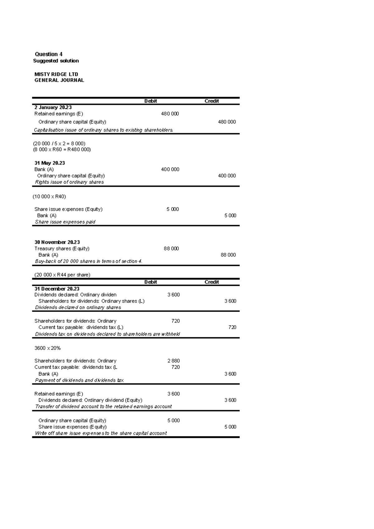 Answer to Question 4: Changes in Share Capital - MISTY RIDGE LTD - Studocu