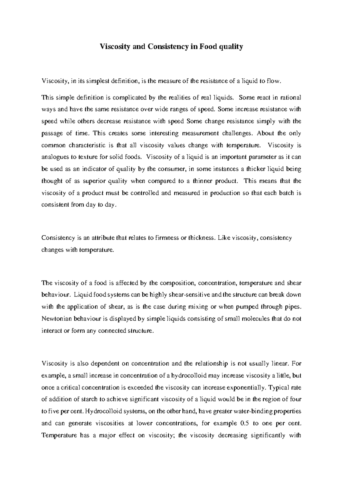 Viscosity and Consistency in Food Quality: A Comprehensive Study - Studocu