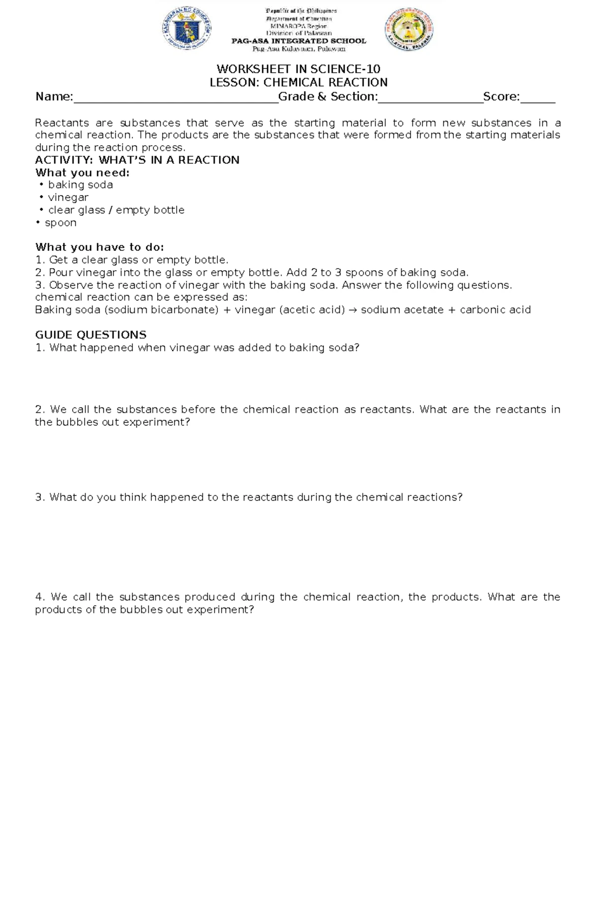 Worksheet in Science-10 Q4: Lesson on Biomolecules Activities - Studocu