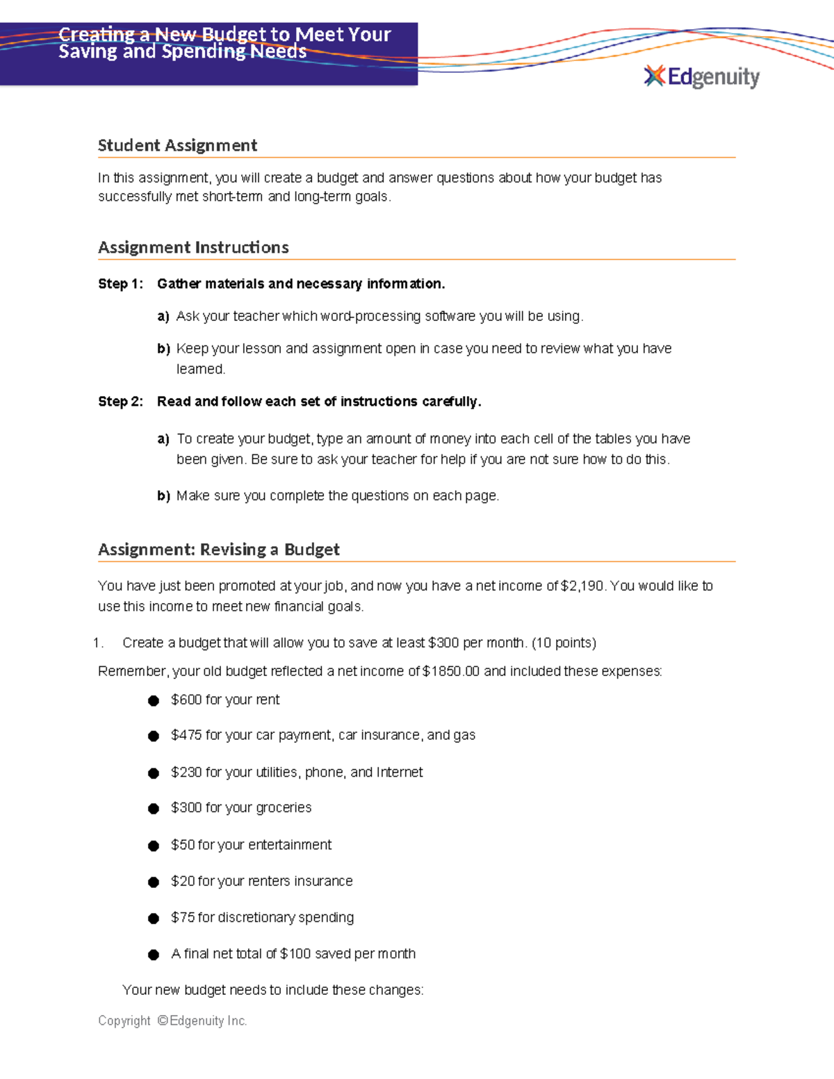 Creating a New Budget: Student Assignment for Financial Literacy - Studocu