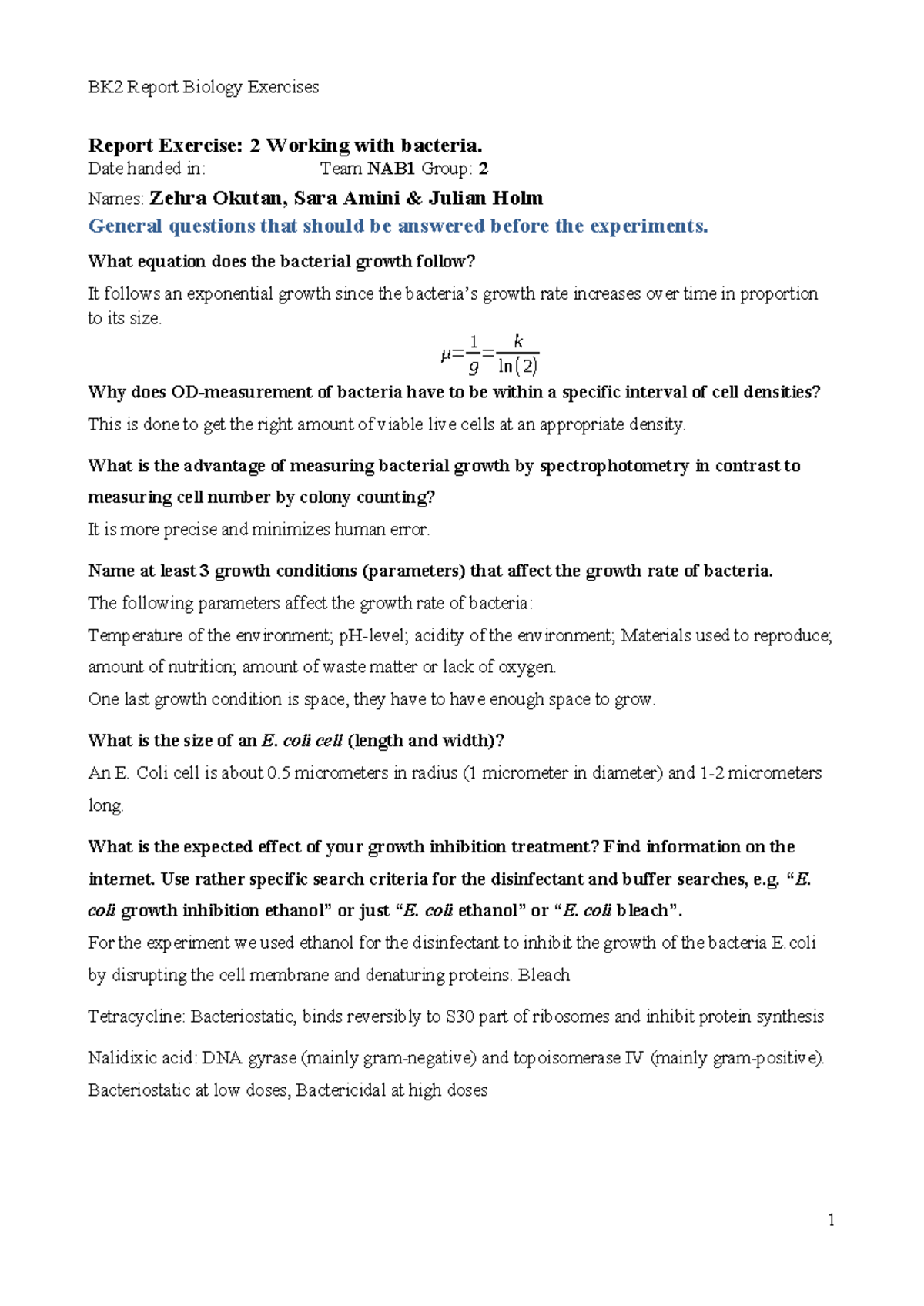 Report Exercise 2: Working with Bacteria - Team NAB1 Findings - Studocu