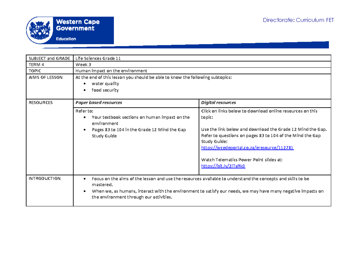 Life Sciences Grade 11: Human Impact on Environment - Term 4 Lesson ...