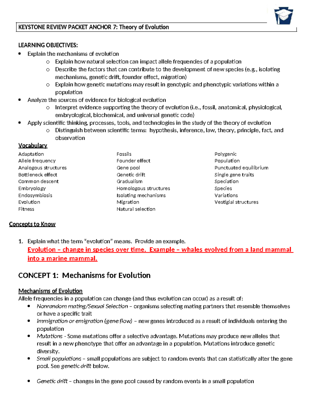Evolution Mechanisms & Evidence: Keystone Review Packet Anchor 7 ...