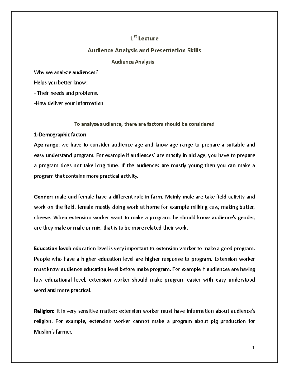 1st Lecture: Audience Analysis & Presentation Skills - Studocu