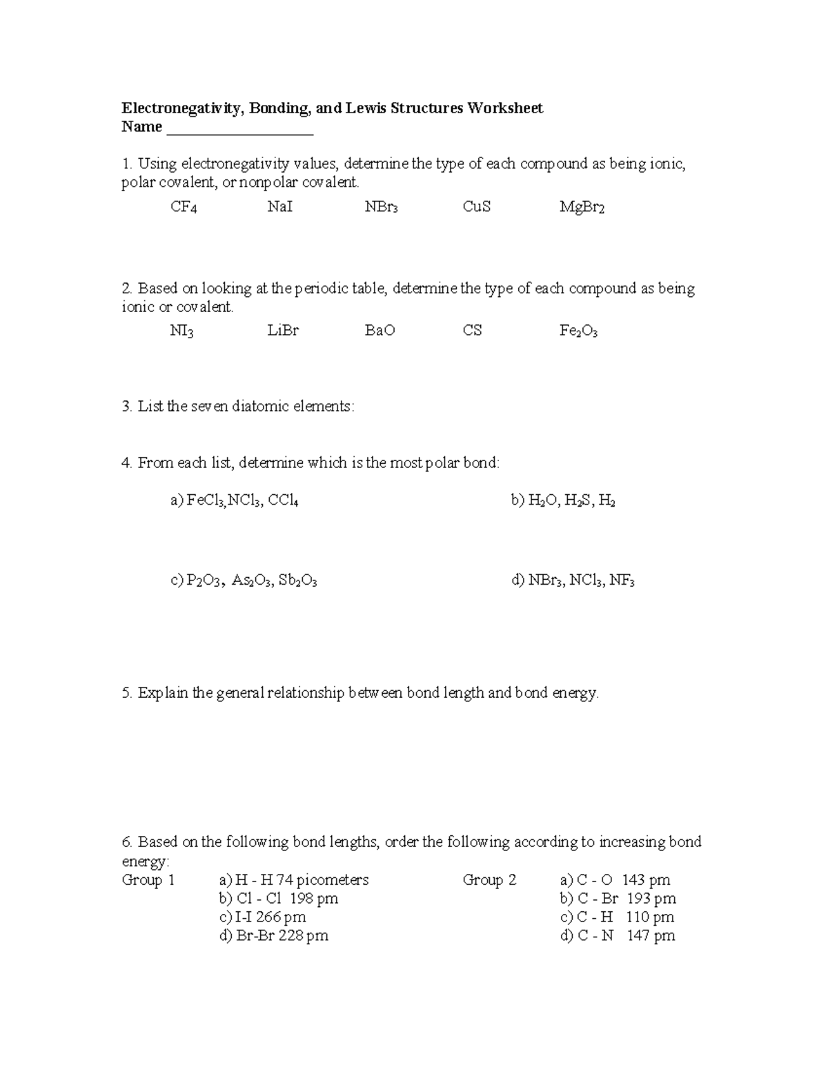 Electronegativity and Bonding Worksheet for Chemistry 101 - Studocu