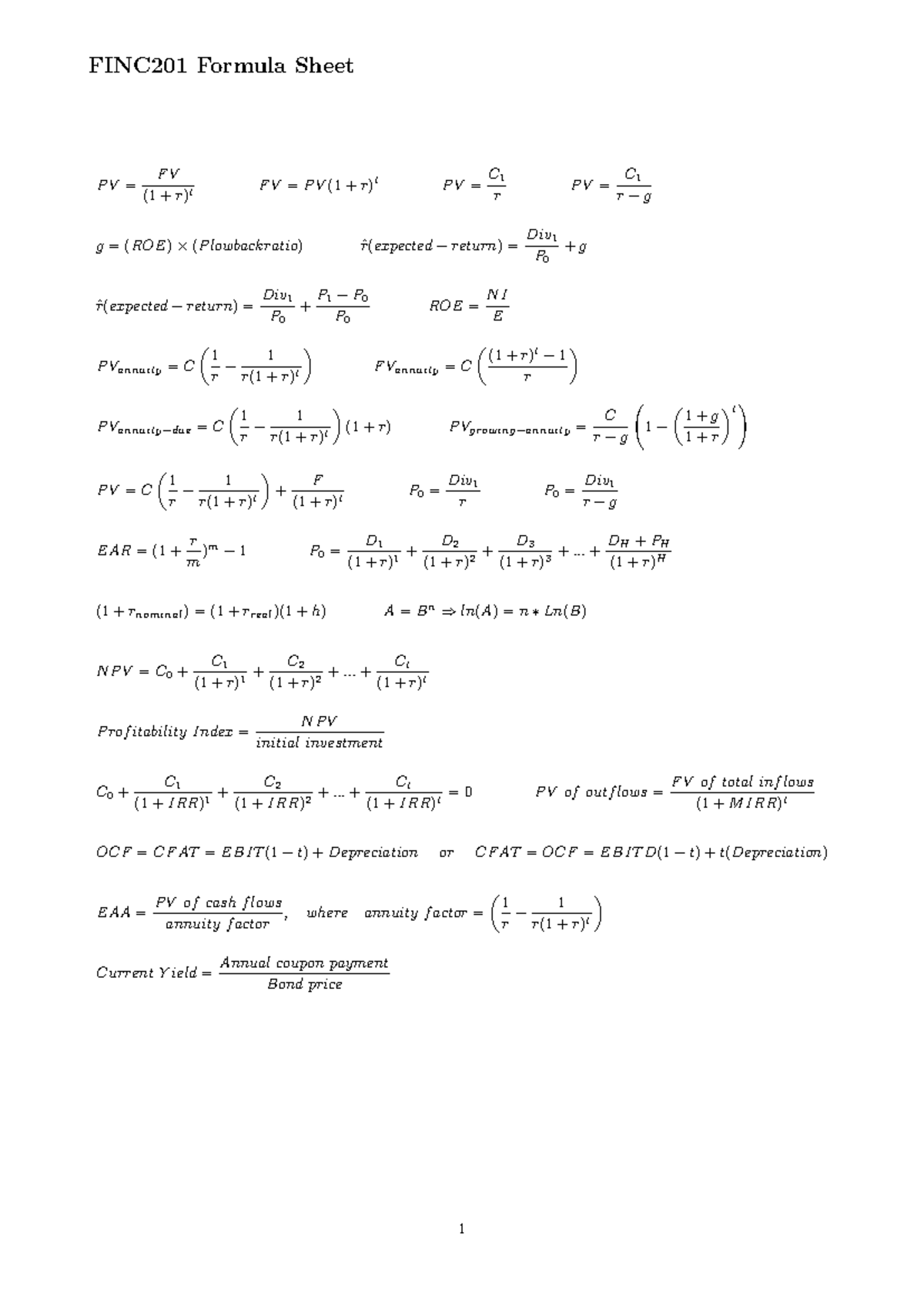 FINC201 Term Test Formula Sheet for PV, FV, and NPV Calculations - Studocu