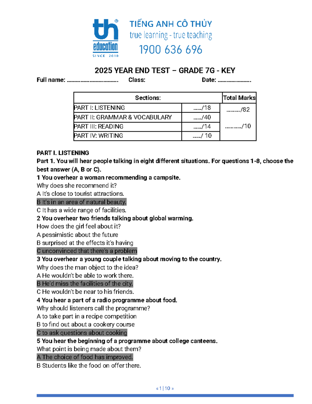 Grade 7G Year-End Listening & Grammar Test Key 2025 - Studocu