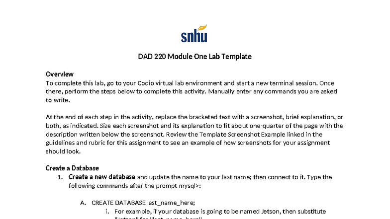 DAD 220 Module One Lab: Database Creation and Commands Guide - Studocu