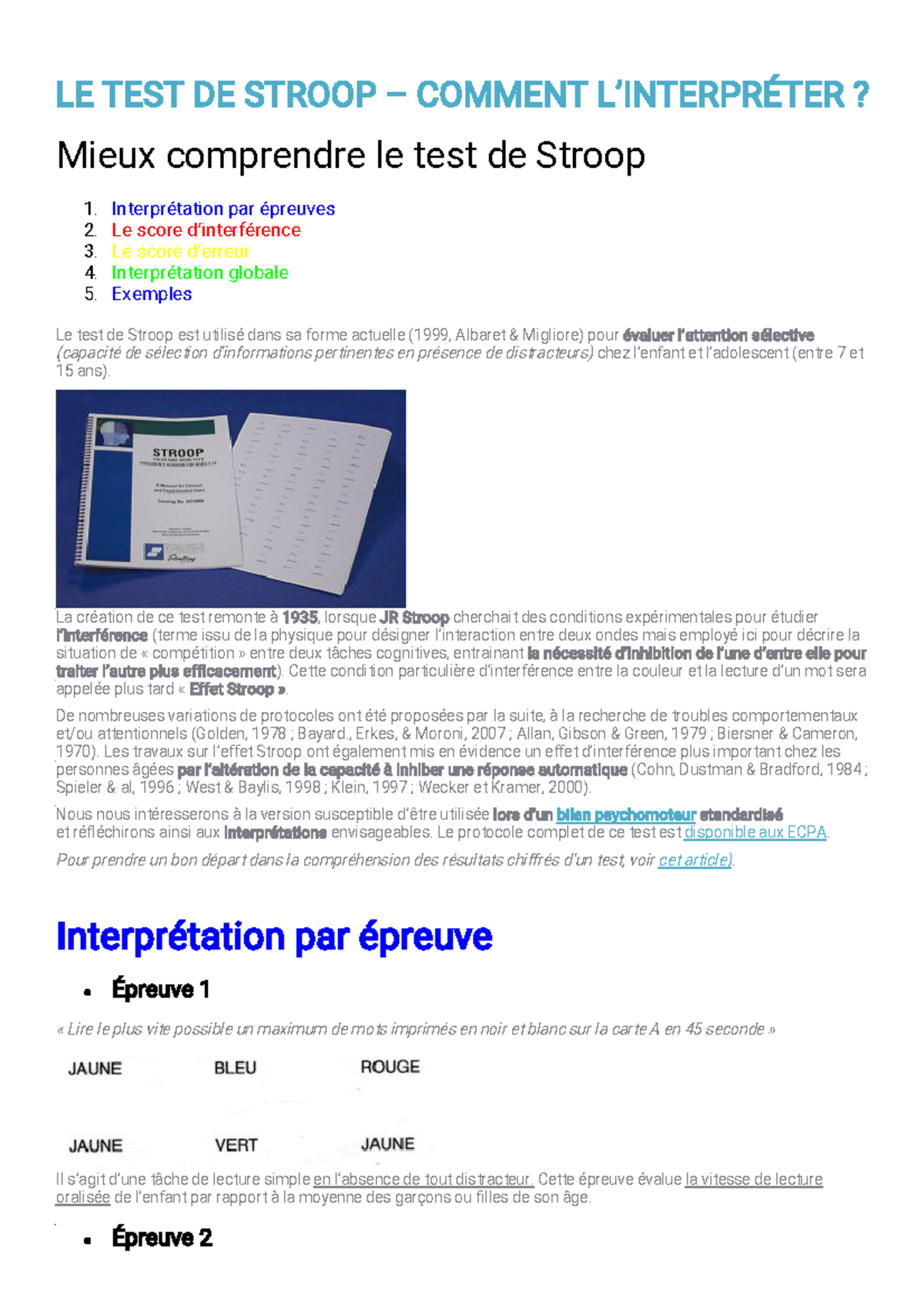 Test de Stroop : Interprétation et Scores d'Attention - Fiche - Studocu