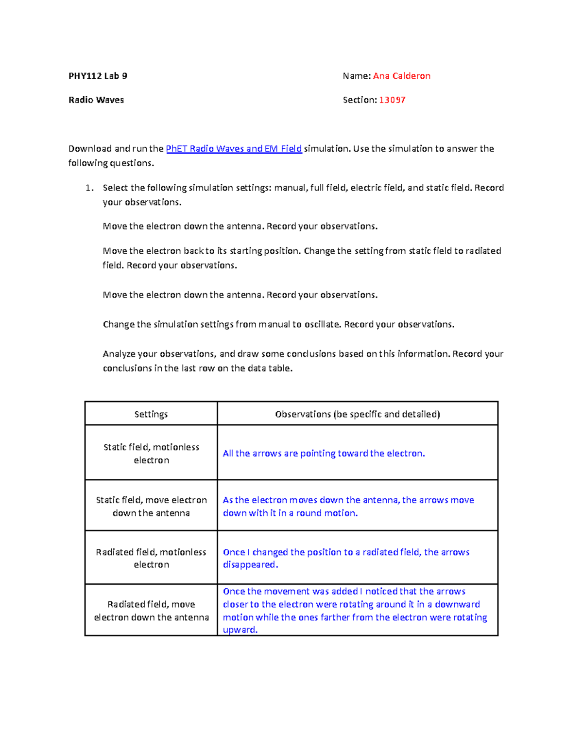 Lab 09 worksheet Rev 0824 - PHY112 Lab 9 Name: Ana Calderon Radio Waves ...
